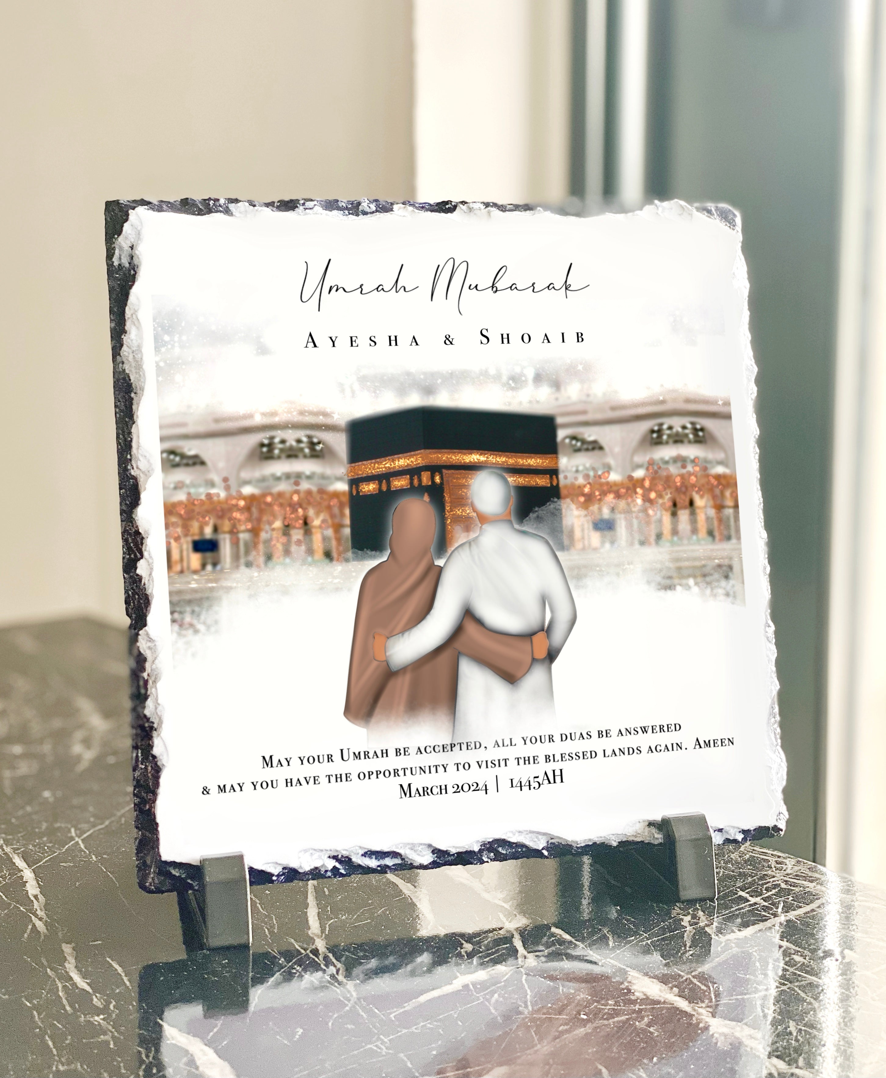Umrah Mubarak Couples Slate with Personalised Names and Stand (20x20cm ...